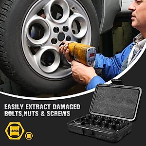 Pgroup Impact Bolt & Nut Remover Set, 15 Pcs (Cr-Mo) Bolt Extractor Tool Set with 3/8 "to 1/4" Hex Adapter and Impact Adapter Reducer 3/8 "to 1/2", Extraction Socket Set for Nuts & Screws with Case