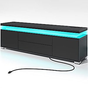 Rolanstar TV Stand with LED Lights & Power Outlet, Modern Entertainment Center for 32/43/50/55/65 Inchs TVs, Tv Table, Universal Gaming LED TV Media stand with Storage Cabinet and Large Storage, Black