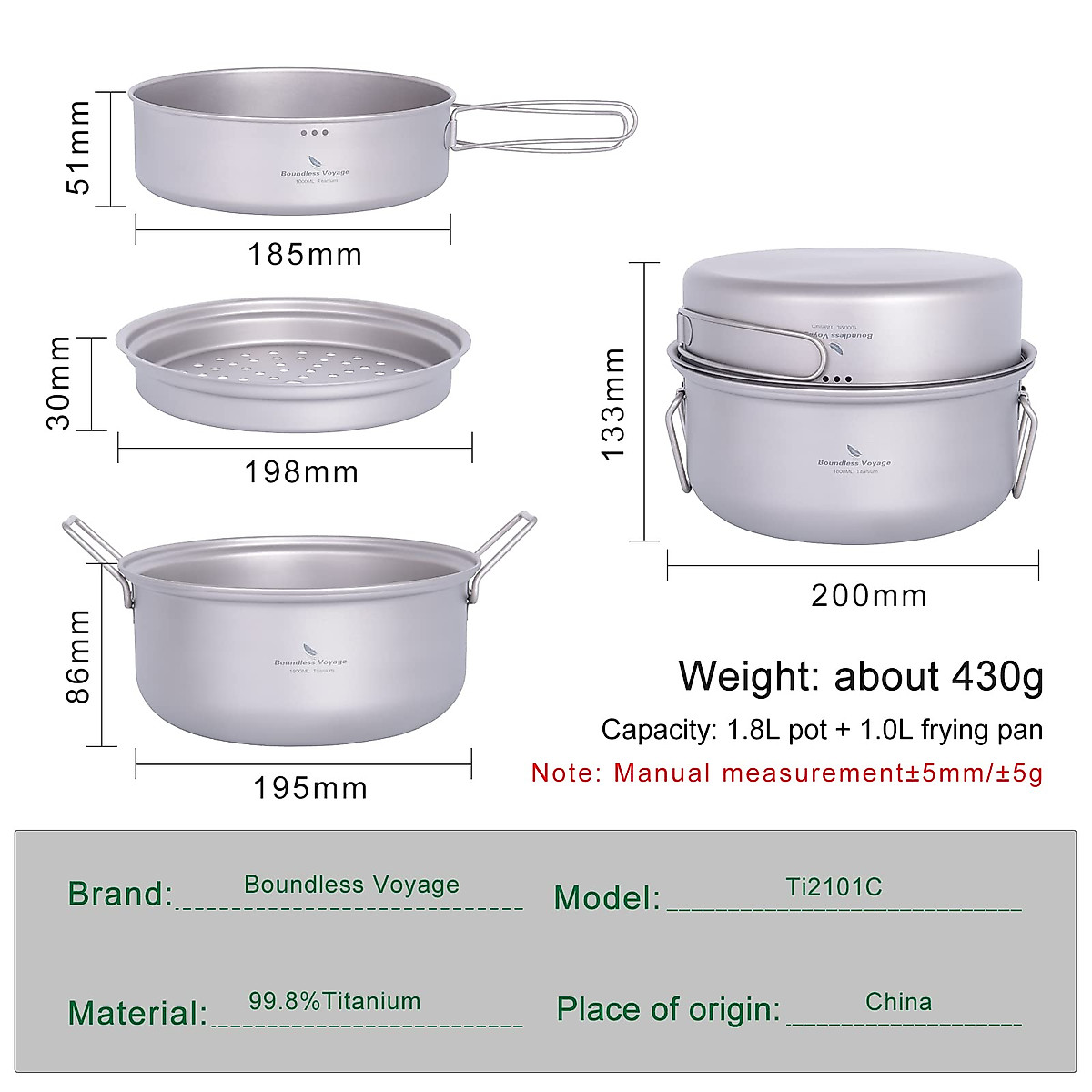 iBasingo 1.8L Titanium Steamer Stockpot Frying Pan Set Ultralight Outdoor Camping Pot Pan Set Portable Campfire Soup Hot Pot Cookware Backpacking Household Kitchen Cooking Kit Ti2101C