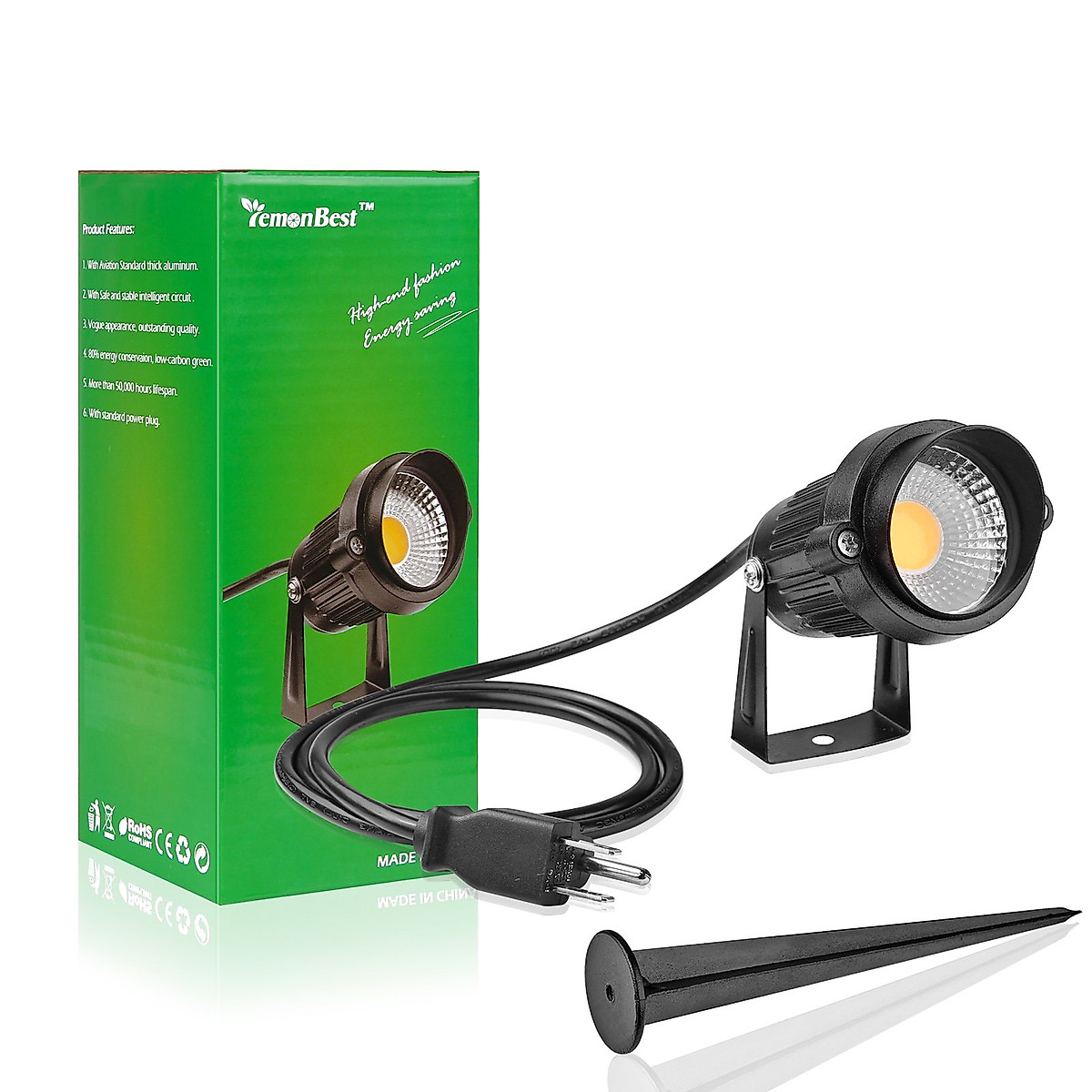 LemonBest Outdoor Landscape Lighting Plug in 5W COB LED Garden Wall Yard Path Spot Light w/Spiked Stand, Pack of 2 Warm White with AC Power Plug