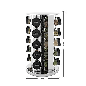 Kamenstein Revolving 20-Jar Countertop Rack Tower Organizer with Free Spice Refills for 5 Years, Polished Stainless Steel with Black Caps