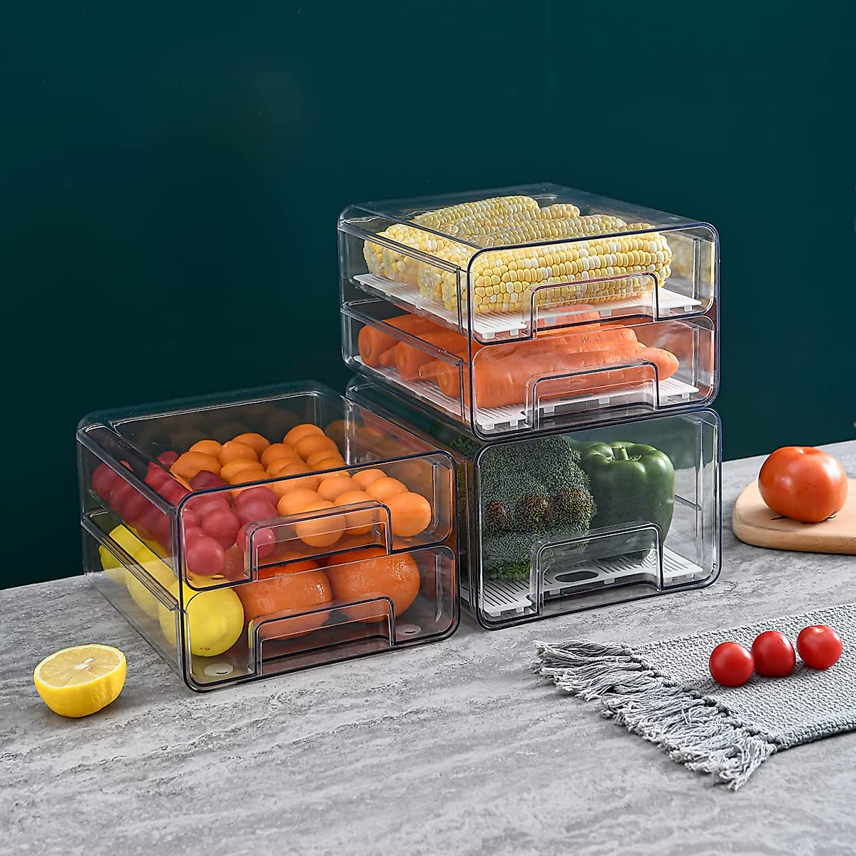 Qielie 2 PCS Stackable Food Container Fruite Drawer for Refrigerator Vegetable Storage Box