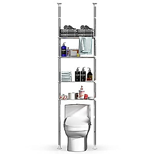 Over The Toilet Storage, 91-124 Inch Adjustable Bathroom Organizer, 4-Tier Stainless Steel Toilet Rack Storage Shelf, Bathroom Organizer, Easy to Assemble Spacesaver, DIY Size Height