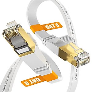 Surplay Cat8 Ethernet Cable 15FT-White-40Gbps-2000Mhz,High Speed Outdoor&Indoor Flat Cord,Gold-Plated RJ45 Double Shielded with Ground Wire & Cable-Tie for PS5/4,Xbox,TV,Router,PC,NAS