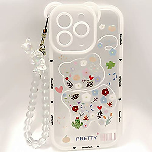 DrewCloth Kawaii Phone Case for iPhone 6/6s Plus with Cute Teddy Bear Wrist Strap & Aesthetic Cute Flower Bear Print Charm Floral Pretty Lovely Adorable Phone Cases for Girly Girls Women