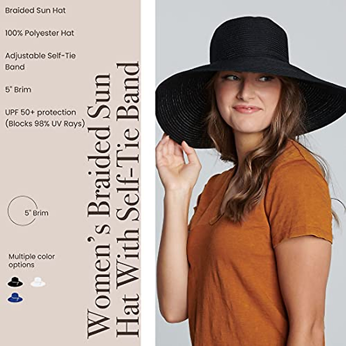 San Diego Hat Company Women's 5-inch Brim Sun Hat with Braid Self Tie, Black, One Size