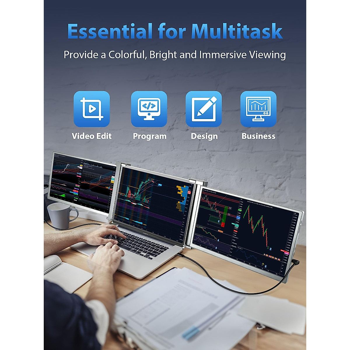 FOPO 15" Laptop Monitor Extender, Triple Monitor for 15-17.3" Laptop,1080P FHD Tri-Screen Monitor Extender with HDMI, Plug & Play, Compatible with Windows, Mac, Support Laptop/Xbox/Switch - S17