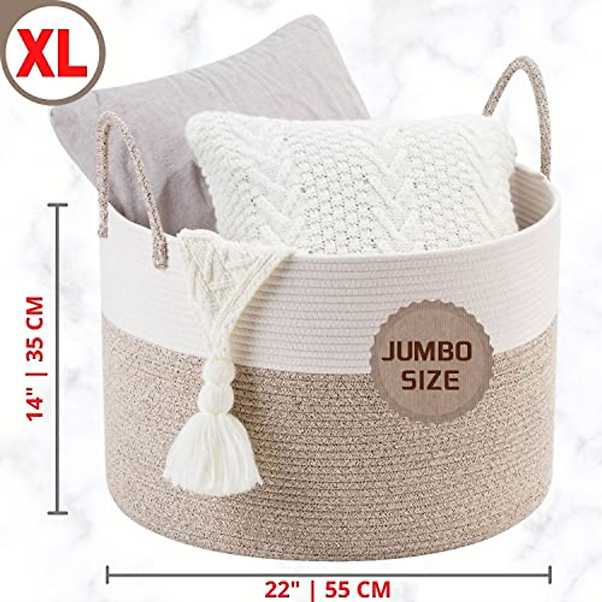 MINTWOOD Design Extra Large 22 x 14 Inches Cotton Rope Blanket Basket Living Room, Woven Laundry Basket, Toy Storage Baskets Bin, Decorative Round Pillow Towel Basket with Handles
