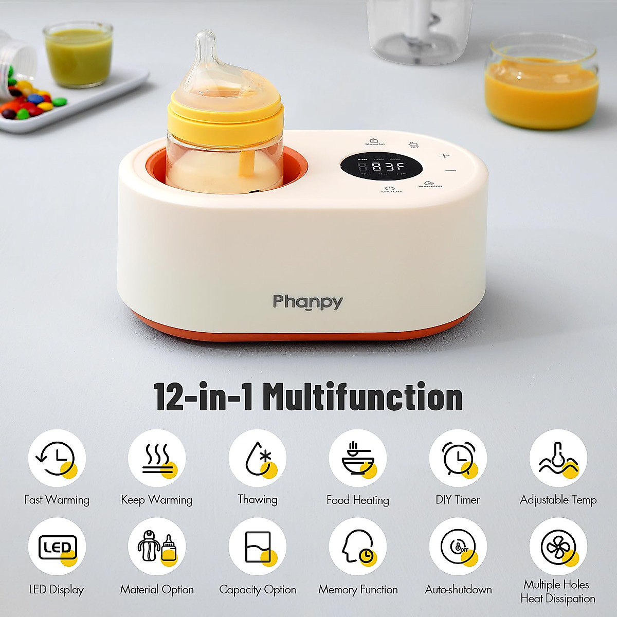 Phanpy Water-Free Bottle Warmer, 12-in-1 Multifuntion Fast Baby Bottle Warmer for Breastmilk, Bottle Warmer for Travel, Milk Warmer for Baby with Adjustable Temp Memory Function