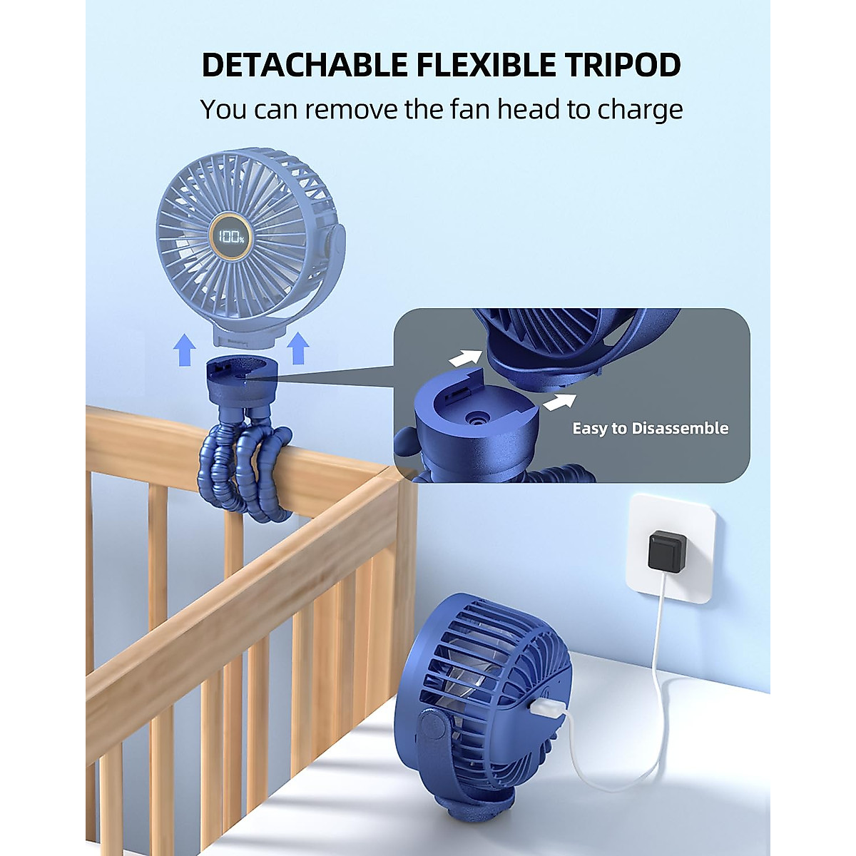 KIDEE Portable Baby Stroller Fan, Mini Baby Fan Clip on Fan, LED Display, 360° Rotate Flexible Tripod, Rechargeable Small Personal Handheld Fan Cooling Desk Fan for Car Seat Crib Treadmill Travel