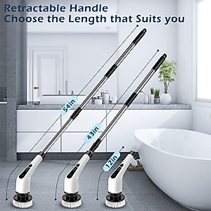 Electric Spin Scrubber, Cordless Cleaning Brush Tub Tile Scrubber for Home, 8 Replaceable Brush Heads, 90Mins Work Time 3 Adjustable Handle 2 Adjustable Speeds for Bathroom Shower Bathtub Glass Car
