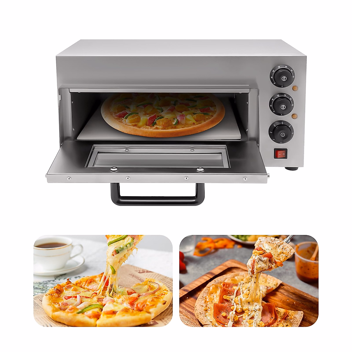 Electric Pizza Oven, Indoor Countertop Pizza Oven with Handle & Removable Tray, Adjustable Temp, Commercial Pizza Maker for Kitchen, Camping, Party