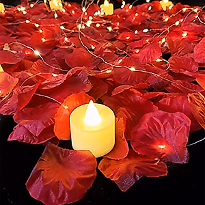 WAKISAKI (3-in-1 Set) 300 Pcs Fake Rose Petals for Romantic Night for Her or Him, 12 Pack LED Tea Lights Fake Candles Battery Operated, 20FT LED String Lights with 3 Modes, for Romantic Decoration