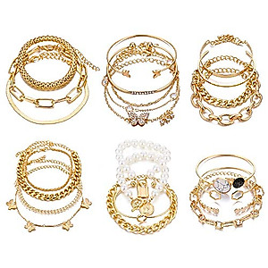IFKM 6 PACK (24 PCS) Boho Gold Chain Bracelets Set for Women Girls, 14K Gold Plated Multiple Layered Stackable Open Cuff Wrap Bangle Adjustable Link Italian Cuban Jewelry for Women Girls Gift