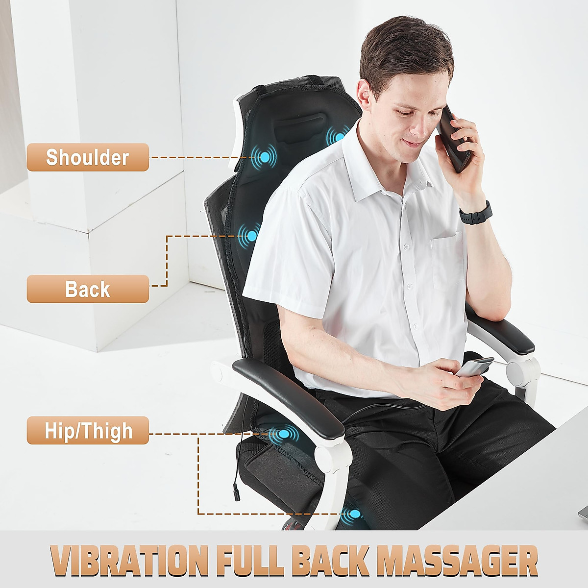comrelax Back Massage Chair Pad, Deep Tissue Vibration Seat Massage Cushion, 2 Levels Cooling or Heat Back Massage for Muscle Fatigue Stress Relief