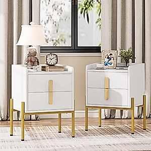 Tribesigns 2-Drawer Nightstands Set of 2, Modern White Gold Nightstand for Bedroom, Wooden Bed Side Table with Storage, Large Night Stand with Gold Metal Frame, Sofa Side Table for Living Room
