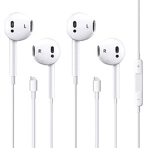 rosyclo 2 Pack Lightning Wired Earbuds Headphones, iPhone in-Ear Stereo Headphones Built-in Microphone Volume Control Earbuds Compatible iPhone 13/12/11/X/8/7/iPad iOS White