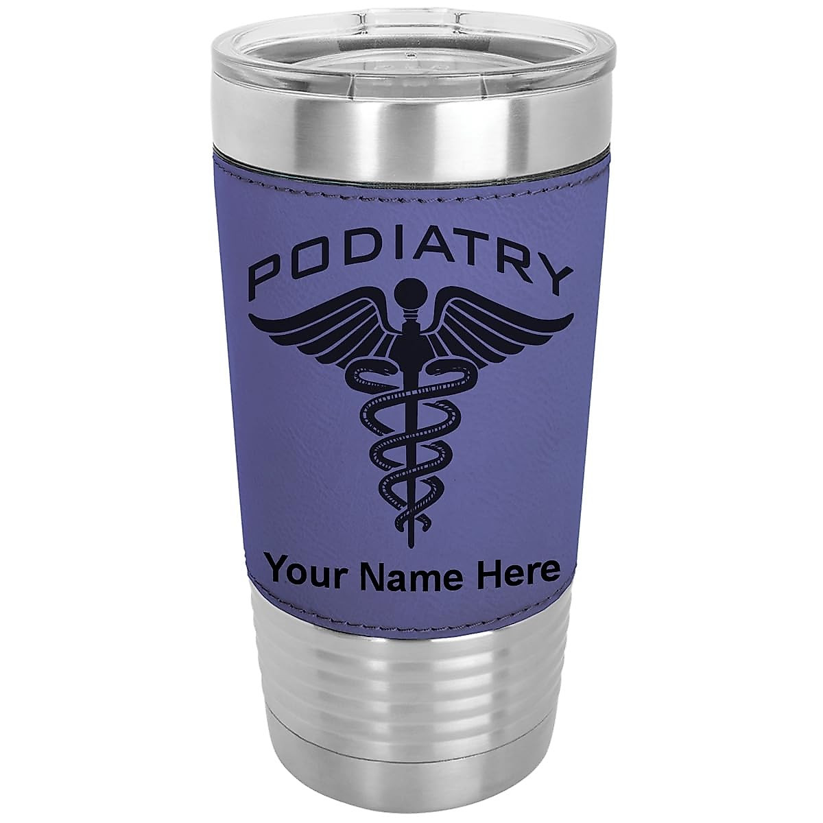 LaserGram 20oz Vacuum Insulated Tumbler Mug, Podiatry, Personalized Engraving Included (Faux Leather, Dark Purple)