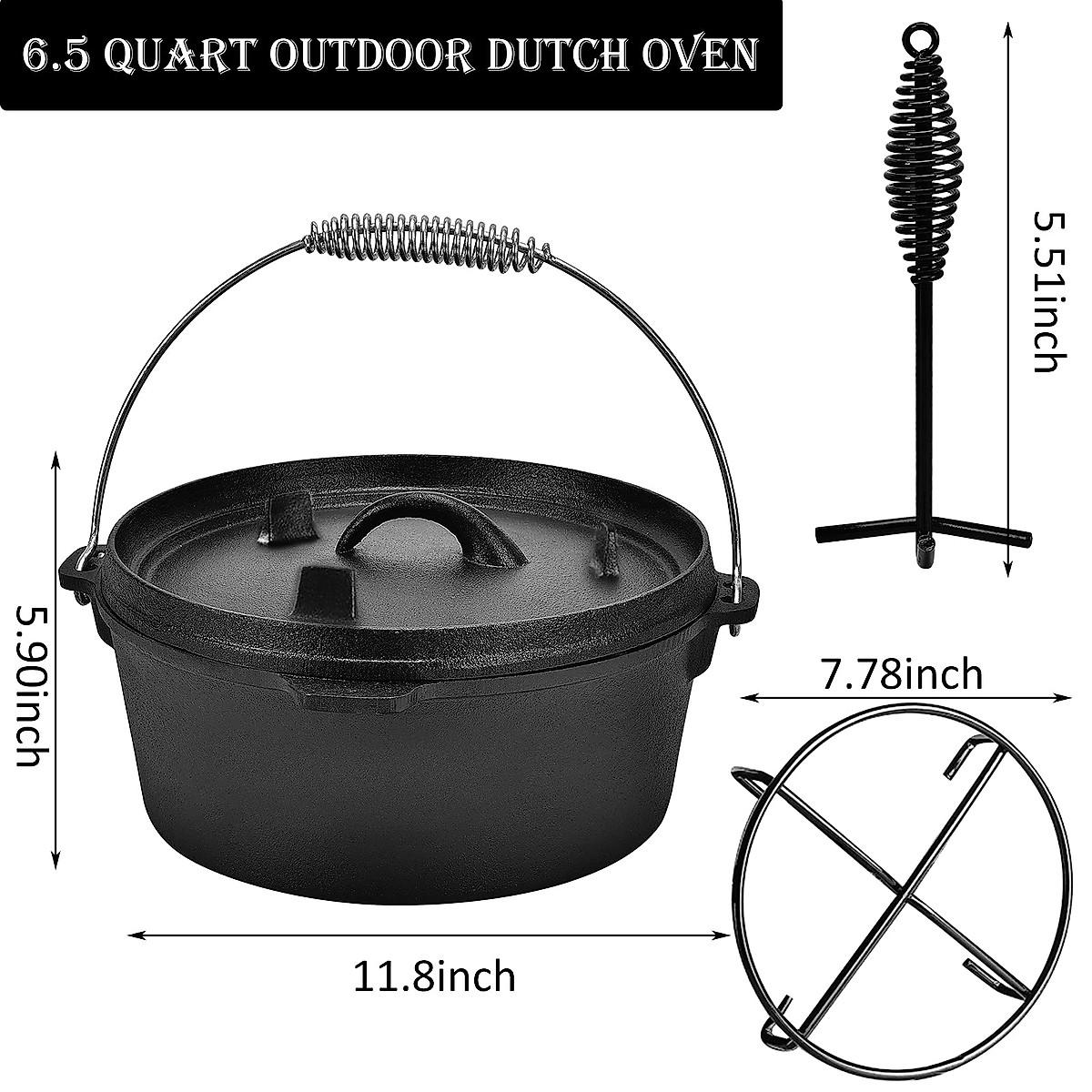 10 Quart Cast Iron Dutch Oven Pre-seasoned Pot with Lid Lifter Handle, Casserole Pot with Lid Lifter for Camping Cooking BBQ Baking