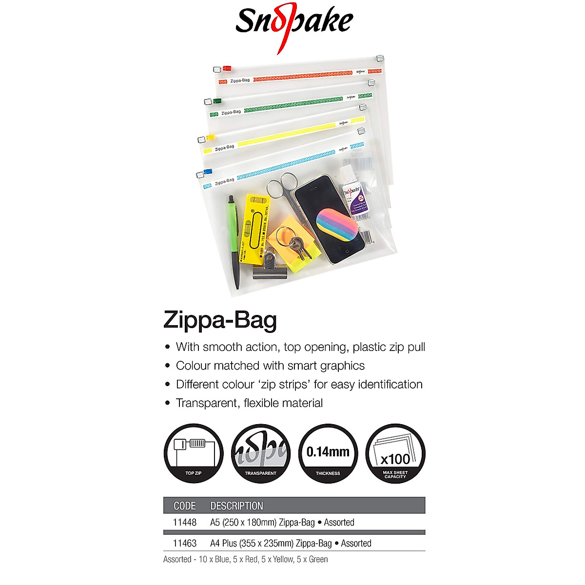 Snopake A5 250x180mm Zippa Bag with Tops - Transparent/Assorted (Pack of 25)
