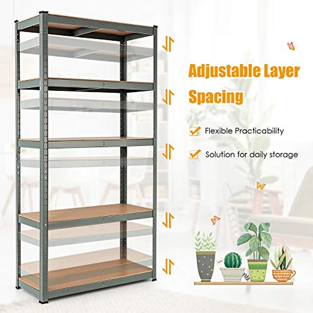Tangkula Metal Storage Shelves, Heavy Duty Steel 5 Tier Utility Shelves with Adjustable Shelves, Bolt-Free Assembly, High Weight Capacity, Garage Organization Storage Rack, 36" Lx16''Wx72 H (1, Grey)