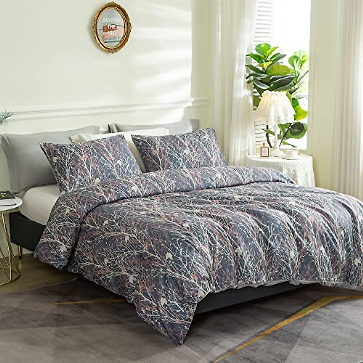 QSTEHEML Duvet Cover Queen Size, Branch Pattern Print Duvet Cover for All Seasons, 3 Pieces Ultra Soft Microfiber Duvet Cover Set with Zipper Closure and Corner Ties (Gray, Queen, 90x90'')