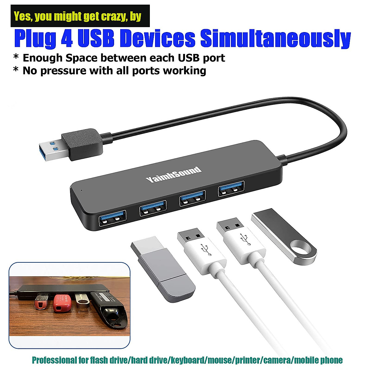 4-Port USB Hub 3.0, YaimhSound USB Splitter for Laptop, Keyboard and Mouse Adapter for Dell, Asus, HP, MacBook Air, Surface Pro, Acer, Xbox, Flash Drive, HDD, Console, Printer, Camera