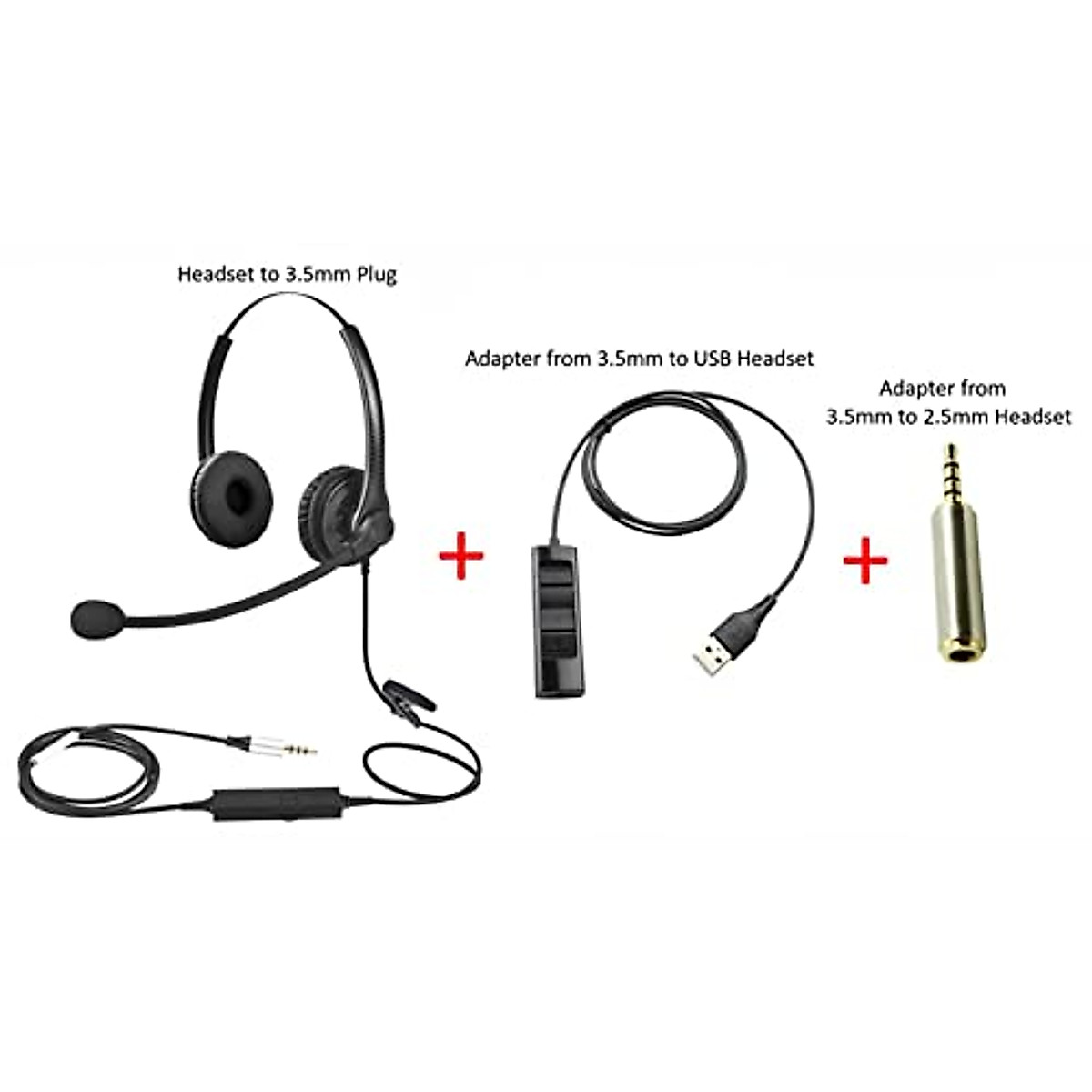 3.5mm Headset + 2.5mm + USB Adapter Headset Microphone for Business Skype Work from Home Call Center Office Video Conference Computer Laptop PC VOIP Softphone Telephone Noise Cancellation Headphone
