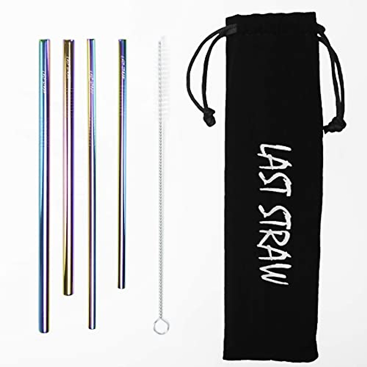 LAST STRAW Sky Blue Velvet Collection – Portable 304 Stainless Steel Cocktail Length Eco-Friendly Drinking Straws - Set of 4 Washable Rainbow Metal Straws + Brush + Velvet Carrying Pouch