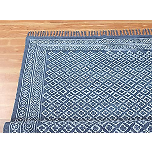 Indigo Blue Rug for Bathroom Handmade Cotton Durries Boho Kilim Rug Flat Weave Indoor Floor Decorative Rugs for Balcony Lounge Floor Bedroom Balcony