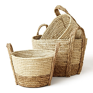 La Jolie Muse Hand Woven Wicker Storage Baskets, Seagrass Rope Natural Basket Set of 3, Minimalist Decorative Home Basket Organizers for Kitchen Living Room Bedroom Office, Brown and Beige