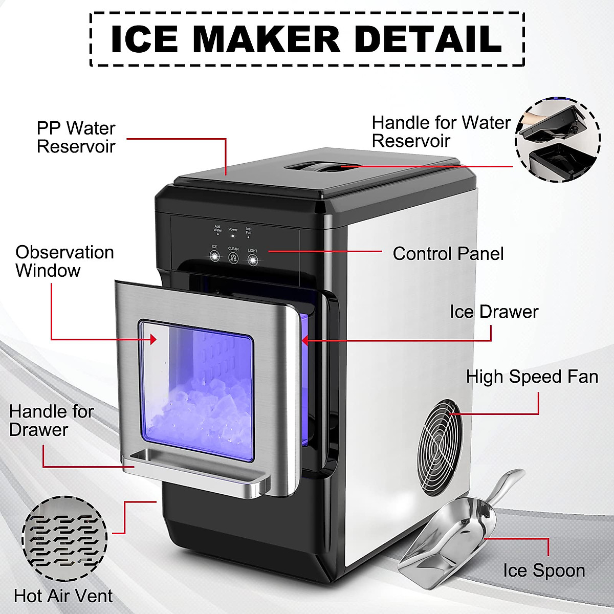 ARLIME Nugget Ice Maker Machine Countertop, Sonic Ice Maker Self-Cleaning 44lbs/24H, 4.8lb Ice Bin & Scoop, Intelligent Control Panel, Portable Ice Makers for Kitchens, Offices, Home