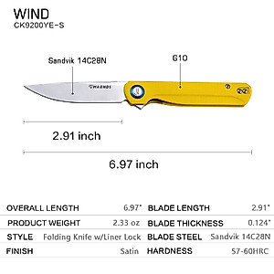 Harnds Wind Pocket Knife Flipper Sandvik Steel G10 Handle Folding Knife Ball Bearing with 2-Position Clip for Camping Survival and EDC (Yellow)