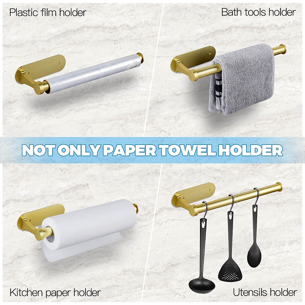 Paper Towel Holder, Self Adhesive or Screw Mounting, Deymogs Under Cabinet Paper Towel Holder, Gold Paper Towel Holder Wall Mount for Kitchen, Pantry, Sink, Bathroom