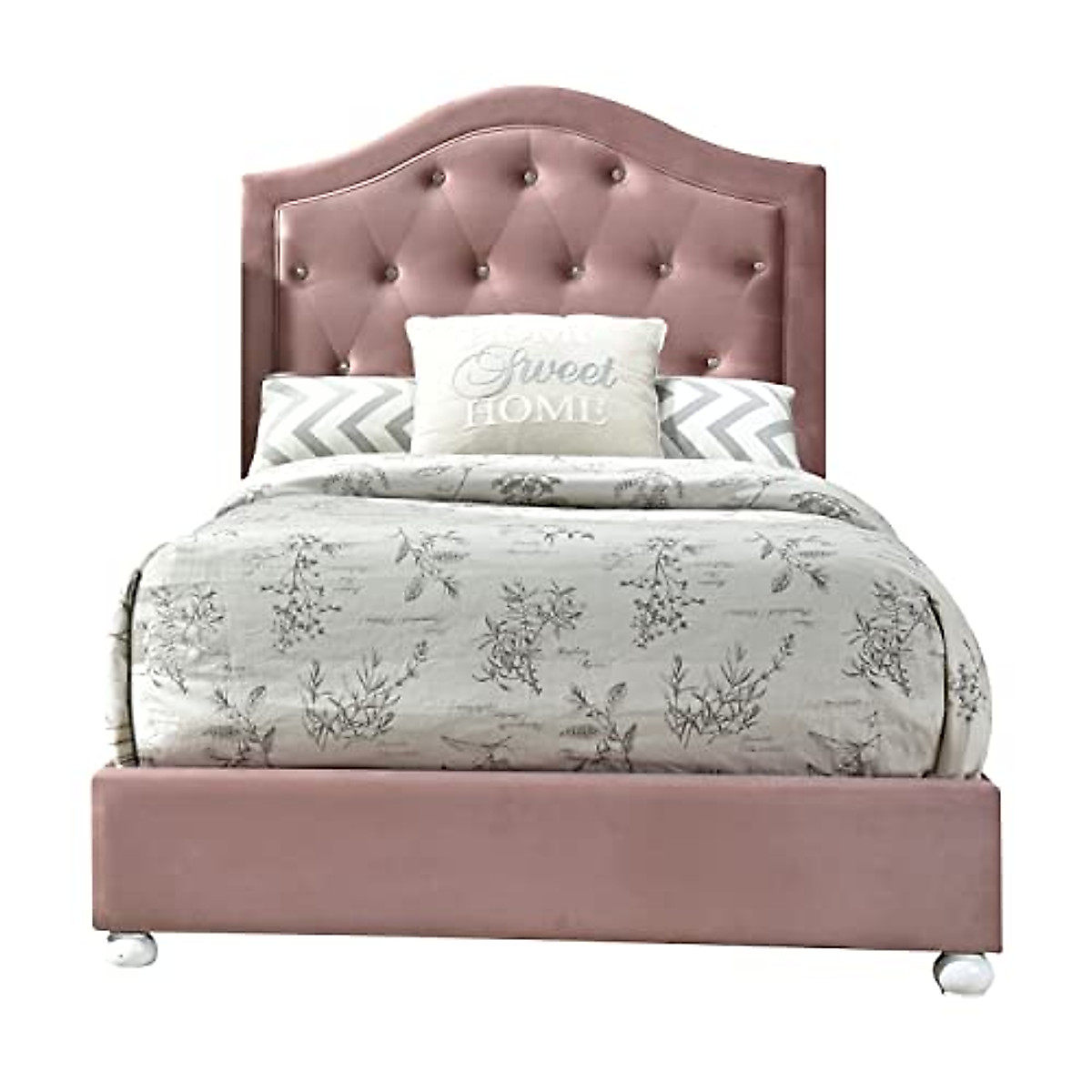 Acme Furniture Upholstered Full Bed with Wood Legs and Tufted Headboard, 81" x 57" x 46"H, Pink Fabric