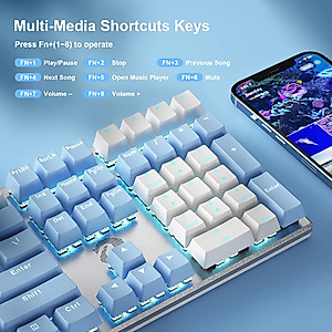 Superbcco Mechanical Gaming Keyboard, LED Backlit Wired Computer Keyboard with Clicky Blue Switches for Windows Gaming PC, 108 Anti-Ghosting Keys, QWERTY, Compact, Aluminum Base for Gamer (Blue)
