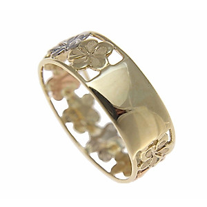 Arthur's Jewelry 14K solid tricolor yellow white rose gold Hawaiian plumeria flower lei ring 6.5mm size 6