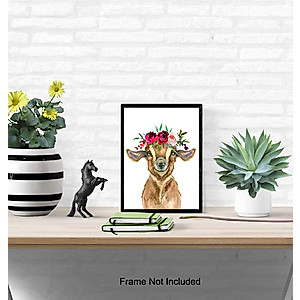 Cute Baby Goat w/Flower Crown Wall Art Home Decor - Decoration for Girls or Boys Bedroom, Nursery, Kids Room, Playroom, Preschool, Daycare - Farmhouse, Farm Theme Gift - Baby Animals Picture Print
