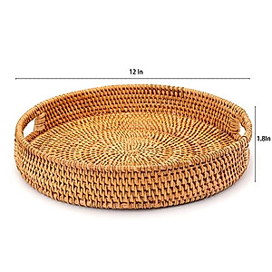 WUWEOT Rattan Serving Tray, Round Woven Wicker Basket, Decorative Rustic Table Tray with Handles for Serving Dinner, Parties, Breakfast, Coffee Tea, Drinks, Snack, 12 Inch