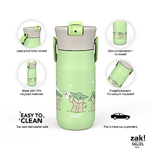 Zak Designs Harmony Star Wars The Mandalorian Kid Water Bottle for Travel or At Home, 14oz Recycled Stainless Steel is Leak-Proof When Closed and Vacuum Insulated (Baby Yoda, Grogu)