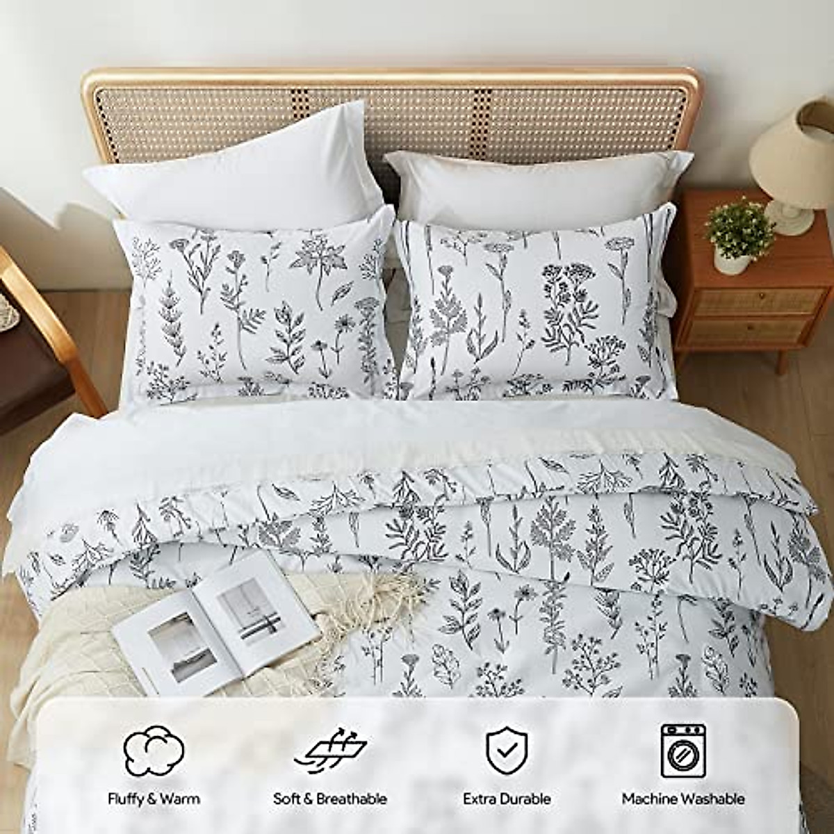 Maple&Stone Queen Floral Comforter Set, White Bedding Set 3pcs Soft and Durable Microfiber with Elegant Plant Flowers Print Bedding Comforter Sets - Includes 2 Pillowcases