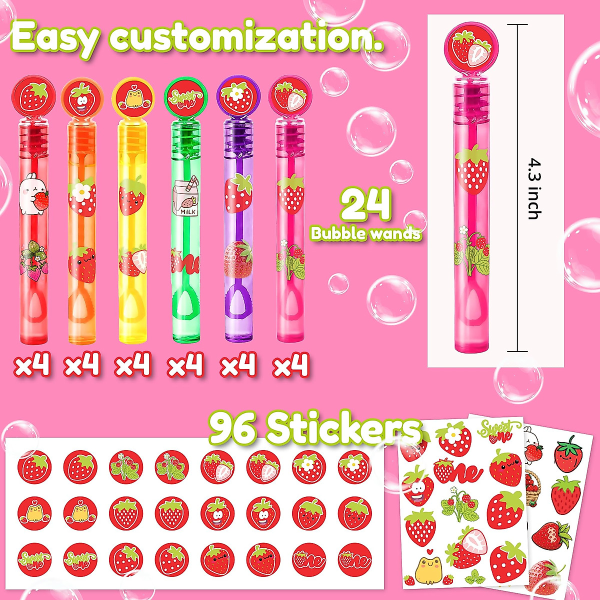 24PCS Strawberry DIY Bubble Wands Party Favors 96PCS Stickers for Goodie Bag Fillers Pinata Stuffers Mini Bubble Bulk Berry First Birthday Party Supplies Toys Gifts Class Prizes Toddlers Girls