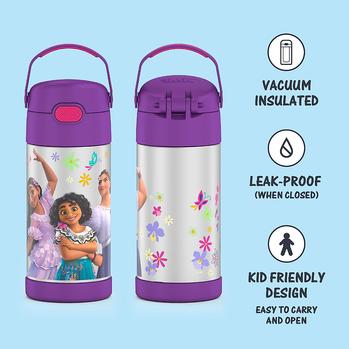 THERMOS FUNTAINER 12 Ounce Stainless Steel Vacuum Insulated Kids Straw Water Bottles | Encanto and Spider-Man