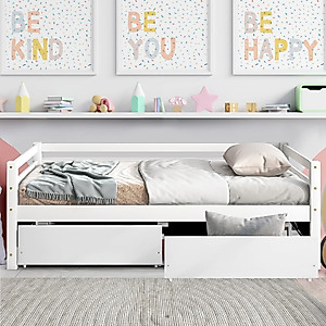 ROCKINGRUN Twin Daybed with 2 Storage Drawers,Pinewood Twin Size Daybed Frame with Guardrail,for Boys/Girls/Teens Bedroom, Easy to Assemble, No Box Spring Needed,White