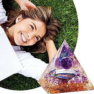 Orgone Pyramid - Orgonite Healing Amethyst Crystal Sphere with Reiki Obsidian Protection Handmade Pyramids Valentines Day Gift Home Office Decor Positive Energy for Balancing (Amethyst+Tree Of Life)