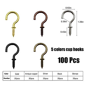 IDEALSV 100 Pcs Cup Hooks 7/8 Inch Screw Ceiling Hooks Christmas Lights Hooks Patio Hanging Hooks Jewelry Hooks 5 Colors Gold,Bronze,Black,Antique Copper,Silver