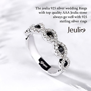 Jeulia Engraved Half Eternity Wedding Band Sterling Silver Sapphire Blue Stackable Engagement Rings White Diamond Cubic Zirconia CZ Anniversary Promise Rings with Jewelry Box (Black, 6.5)