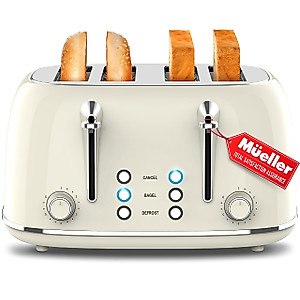 Mueller Retro Toaster 4 Slice with Extra Wide Slots Bagel, Defrost, and Cancel Function, 6 Browning Levels, Dual Independent Controls, Removable Crumb Tray and High Lift Levers, Beige