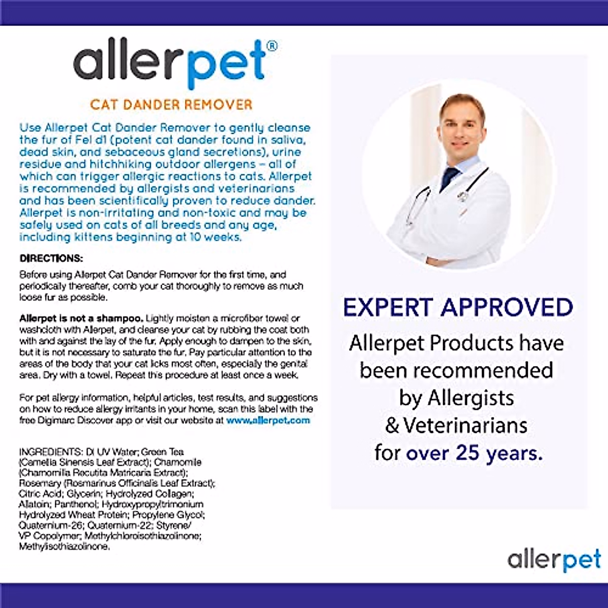 Allerpet Cat Dander Remover w/Free Applicator Mitt & Sprayer - Effective Cat Allergy Relief - Anti Allergen Solution Made in USA - (12oz)