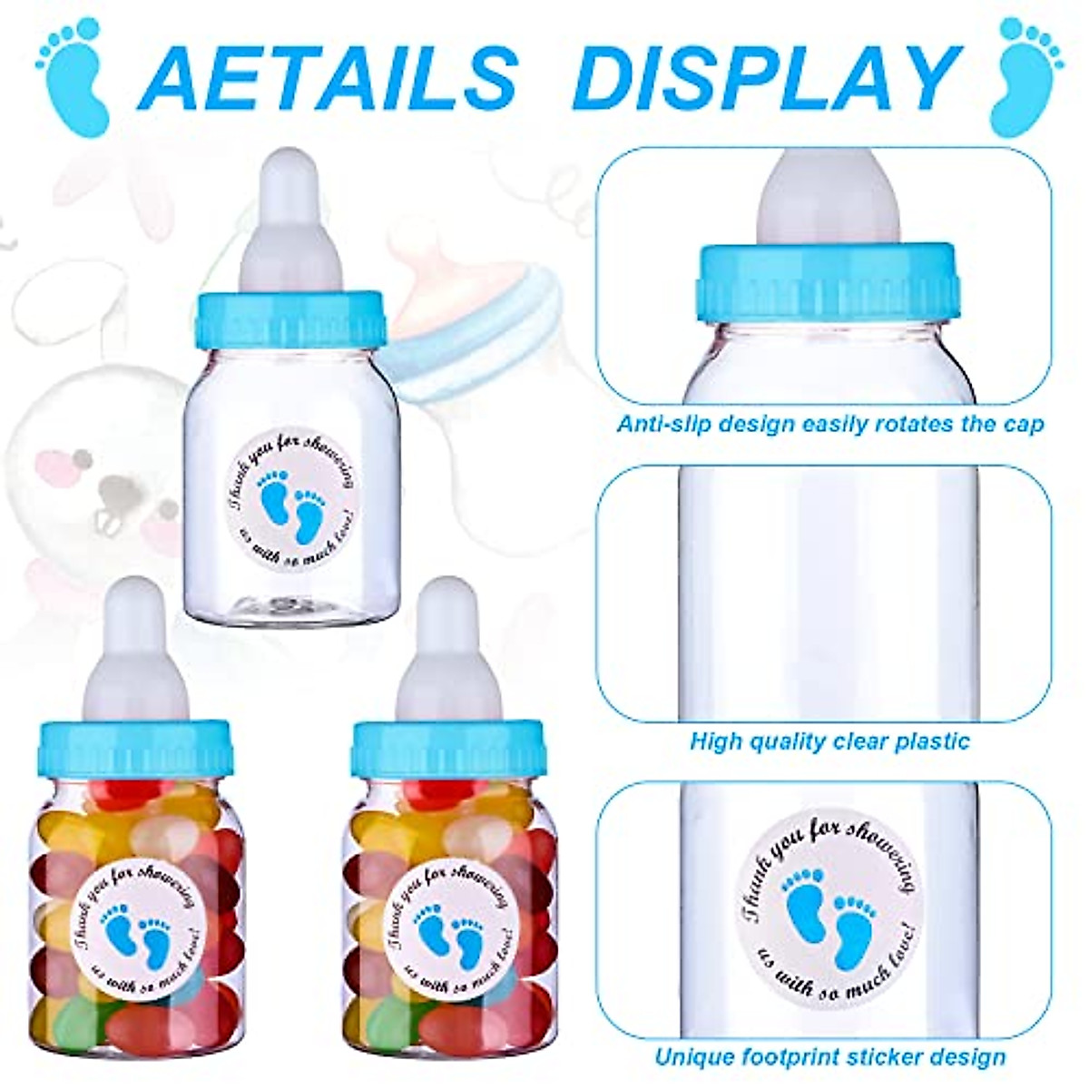 62 Pcs 3.5 Inch Baby Mini Milk Bottle Baby Shower Favor with 500 Adhesive Thank You for Showering Stickers, Small Plastic Candy Bottle DIY Gift for Boy Girl Newborn Baptism Party Decor (Blue)